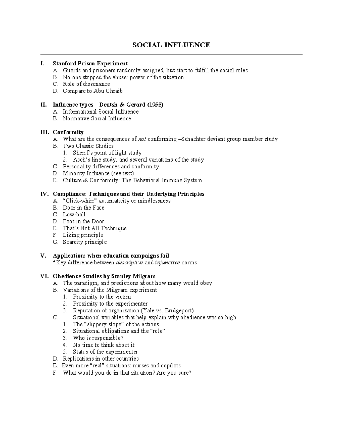 SOCIAL INFLUENCE PSY 101: Outline of Key Concepts and Studies - Studocu