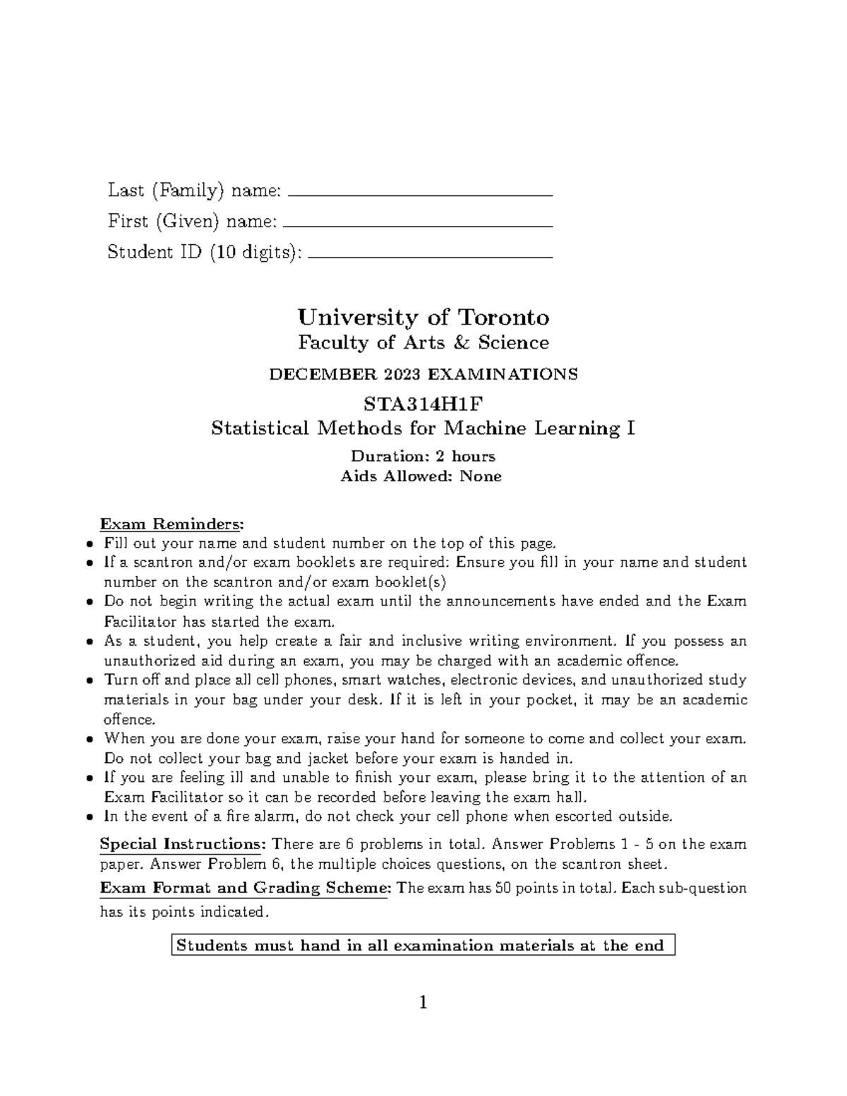 Final 23fall - Last (Family) name: First (Given) name: Student ID (10 ...