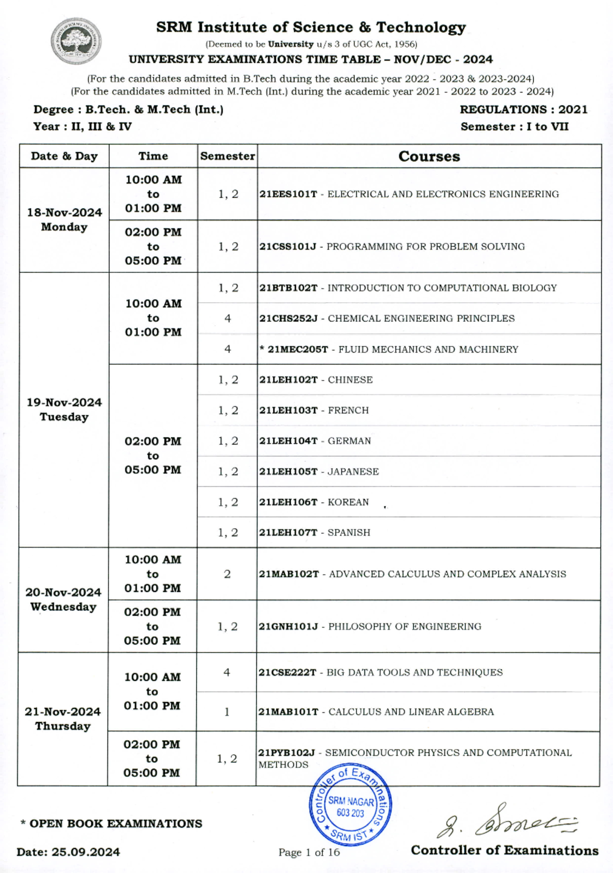 B.Tech M.Tech Integrated 2021 Regulations Exam Timetable Nov-Dec 2024 - Studocu