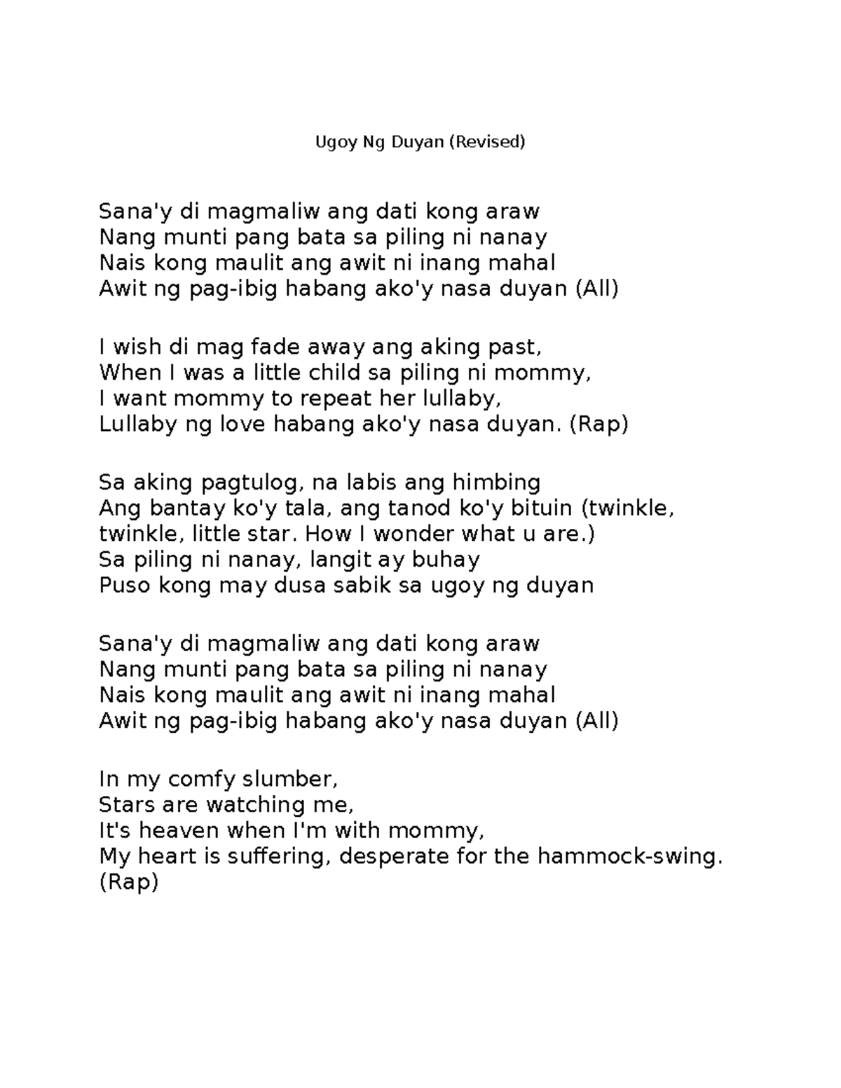 Sa Ugoy Ng Duyan: Revised Lyrics Analysis and Reflection - Studocu