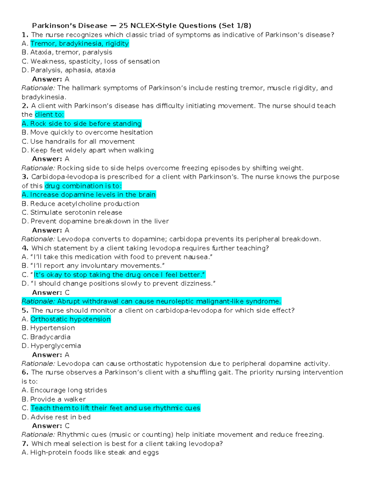 Parkinson Disease: 25 NCLEX Questions & Nursing Interventions - Studocu