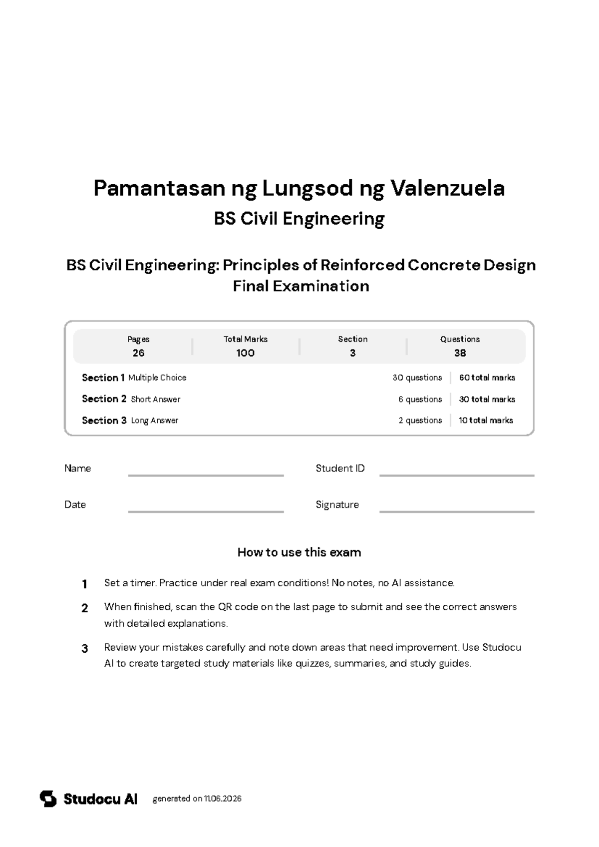 BS Civil Engineering: Reinforced Concrete Design Final Exam - Studocu
