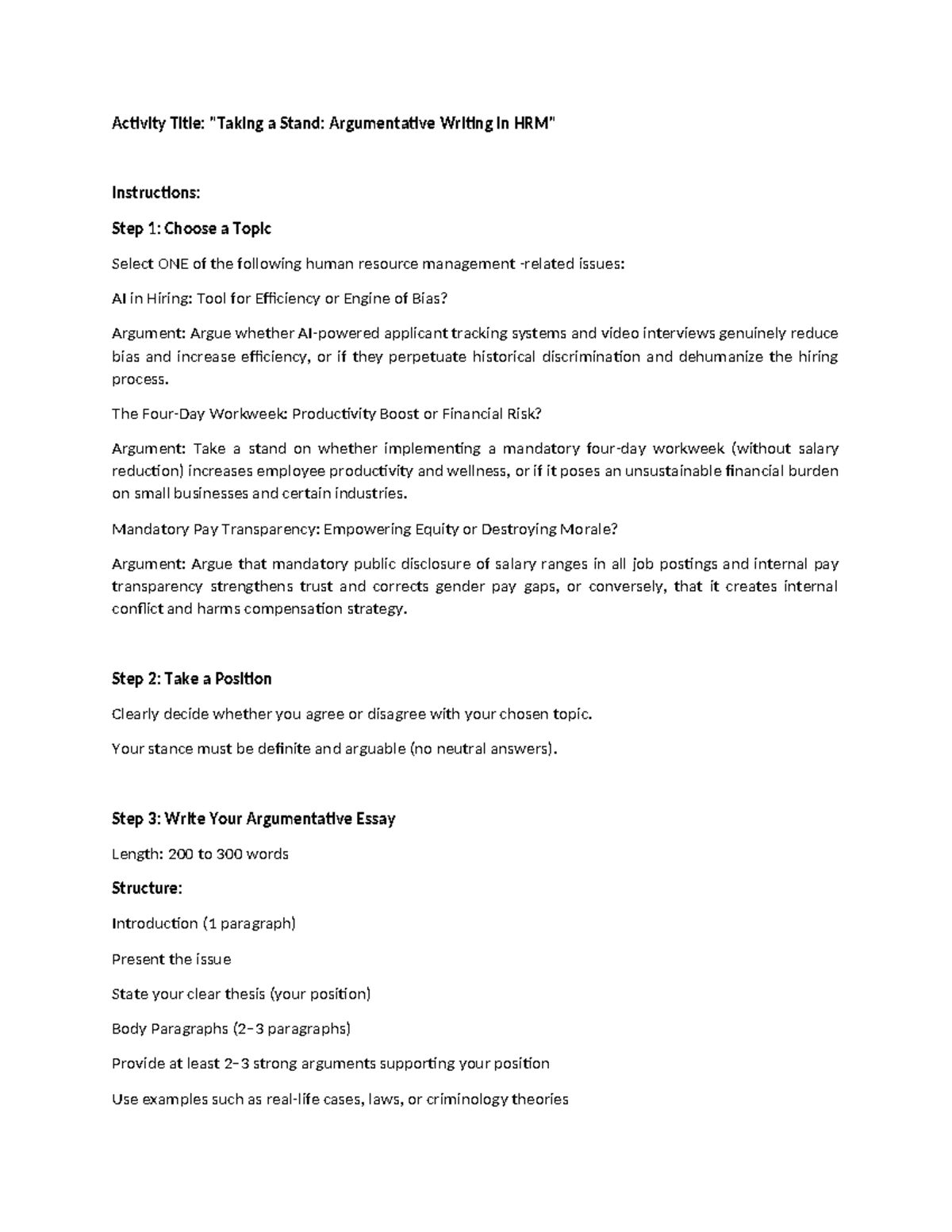 Argumentative Writing in HRM: AI, Workweek, & Pay Transparency - Studocu