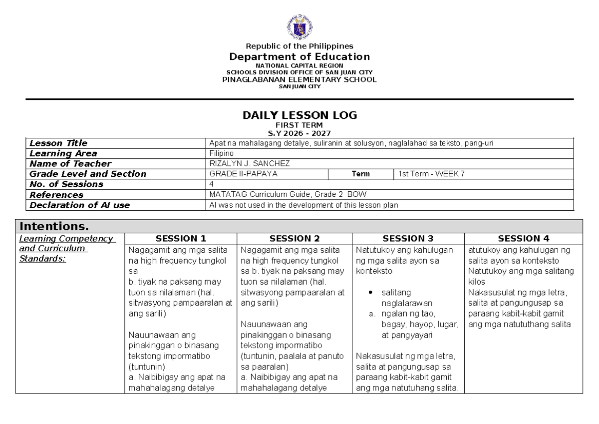 Grade 2 Filipino Lesson Plan: WEEK 7 Sessions 1-4 - Studocu