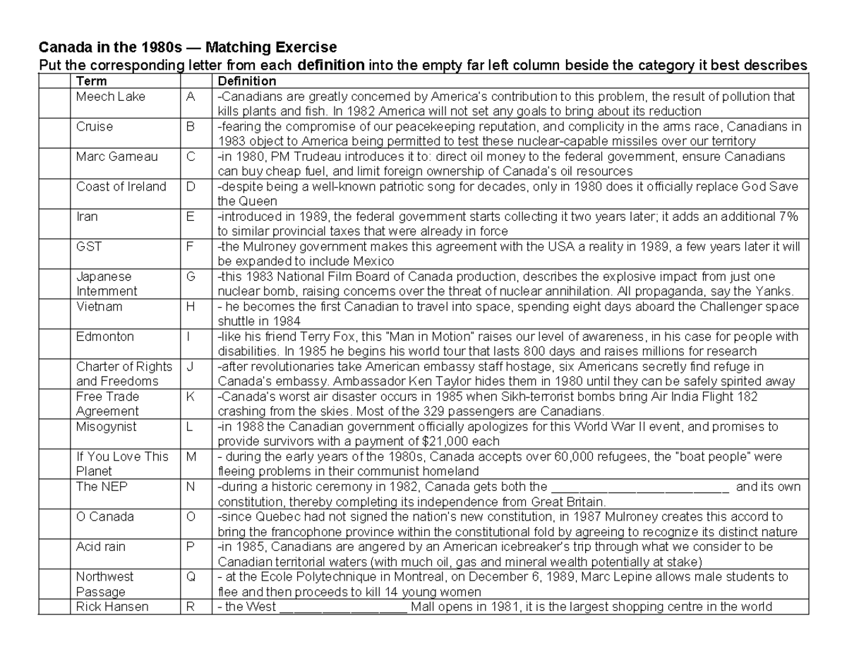 Matching Exercise: Key Events in Canada during the 1980s - Studocu
