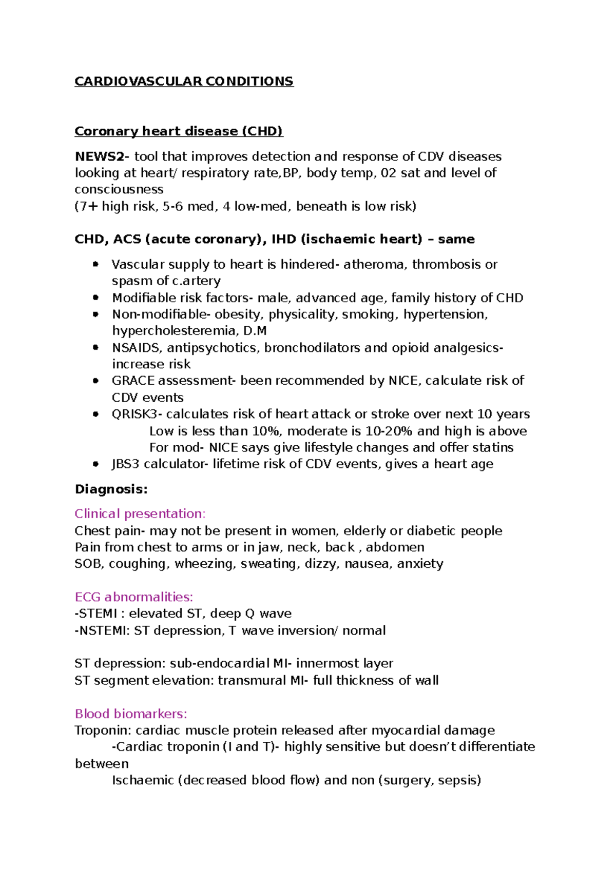 CARDIOVASCULAR CONDITIONS: CHD Detection & Management Notes (Unit 4 ...