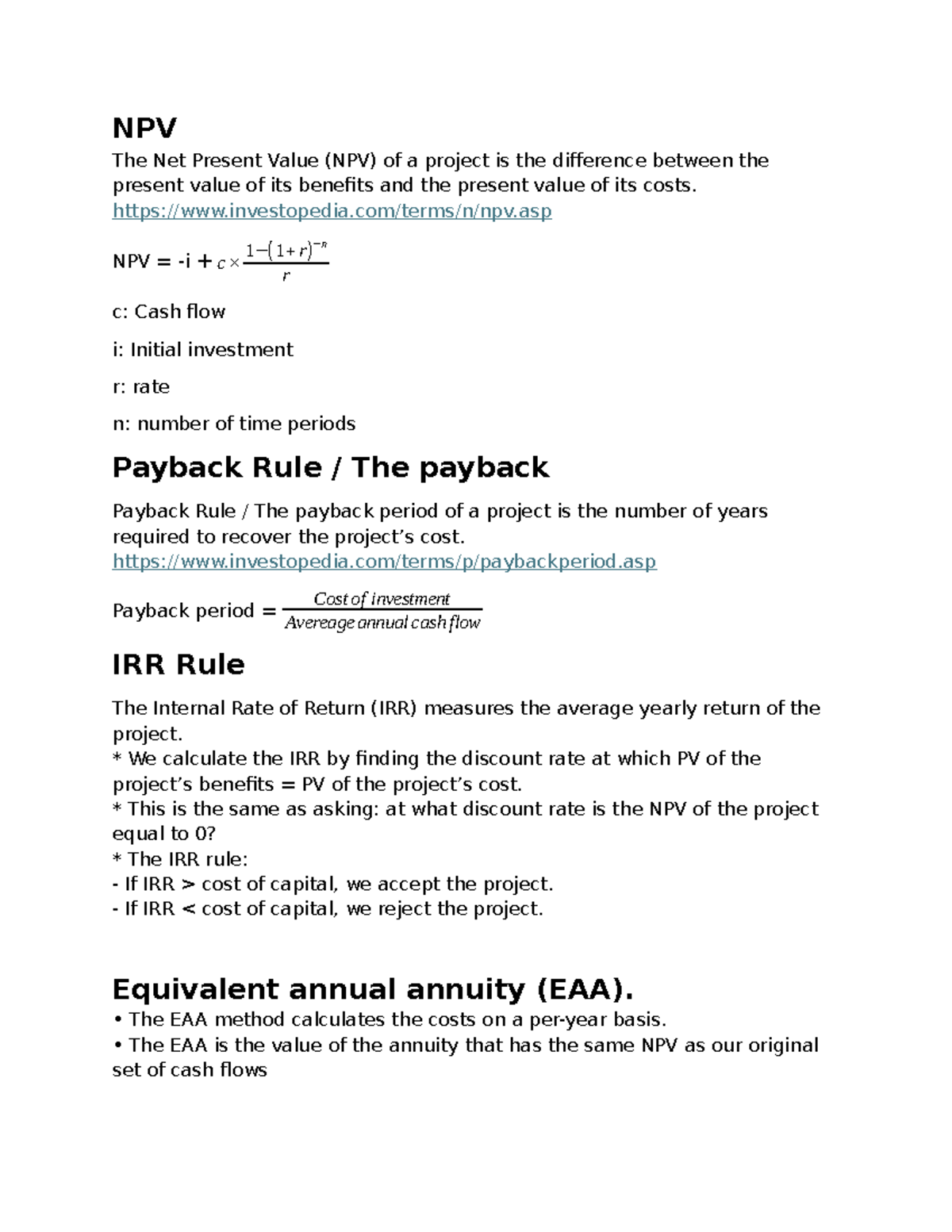 Week 5-6 NPV, Payback, and IRR Analysis for Investment Decisions - Studocu