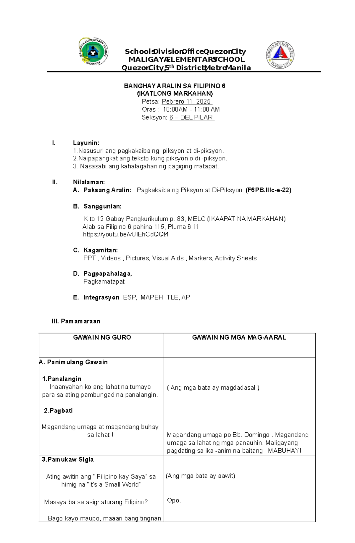 Banghay Aralin sa Filipino 6: Pagkakaiba ng Piksyon at Di-Piksyon - Studocu
