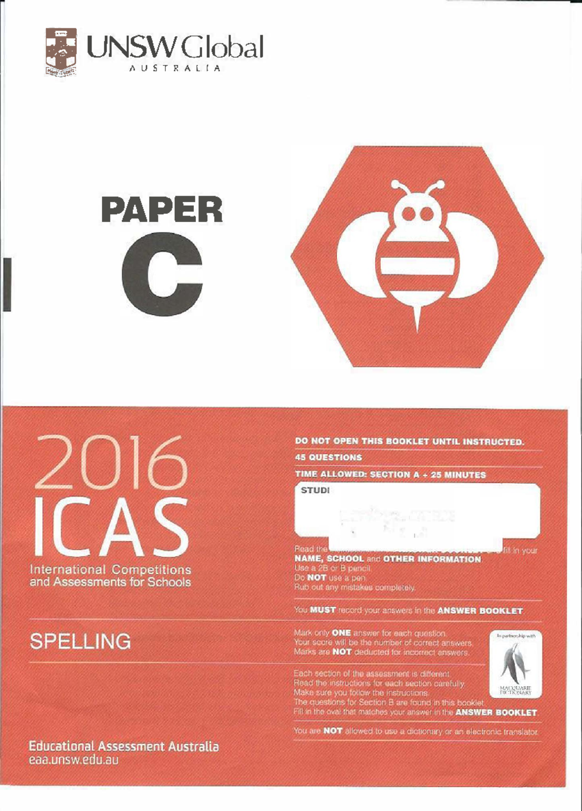 ICAS Spelling Paper C - Grade 6 Assessment 2016 - Studocu
