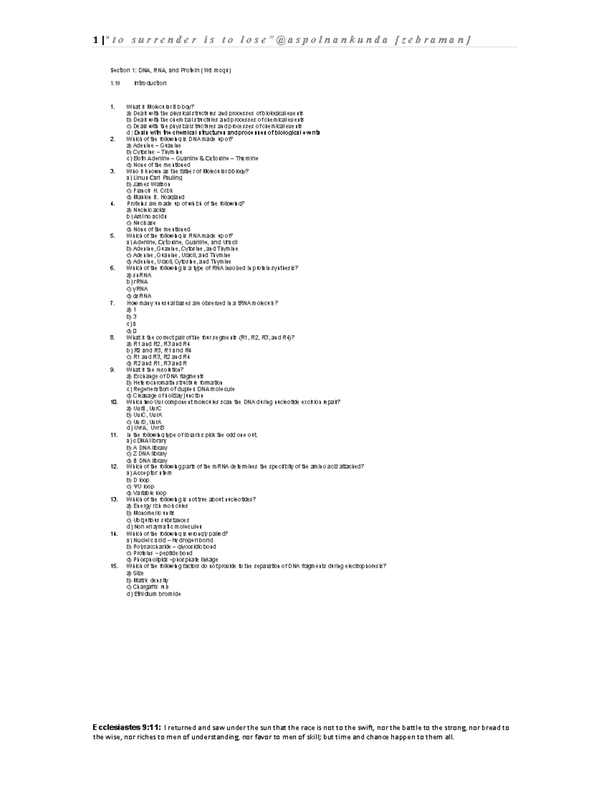 Molecular Biology MCQs Study Guide (105 Questions) - Studocu