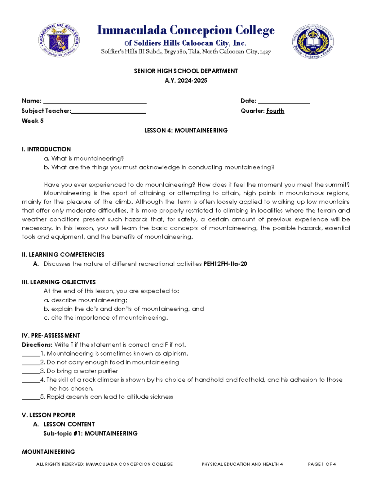 WEEK 5 MODULE: MOUNTAINEERING - P.E. AND HEALTH 4 - Studocu
