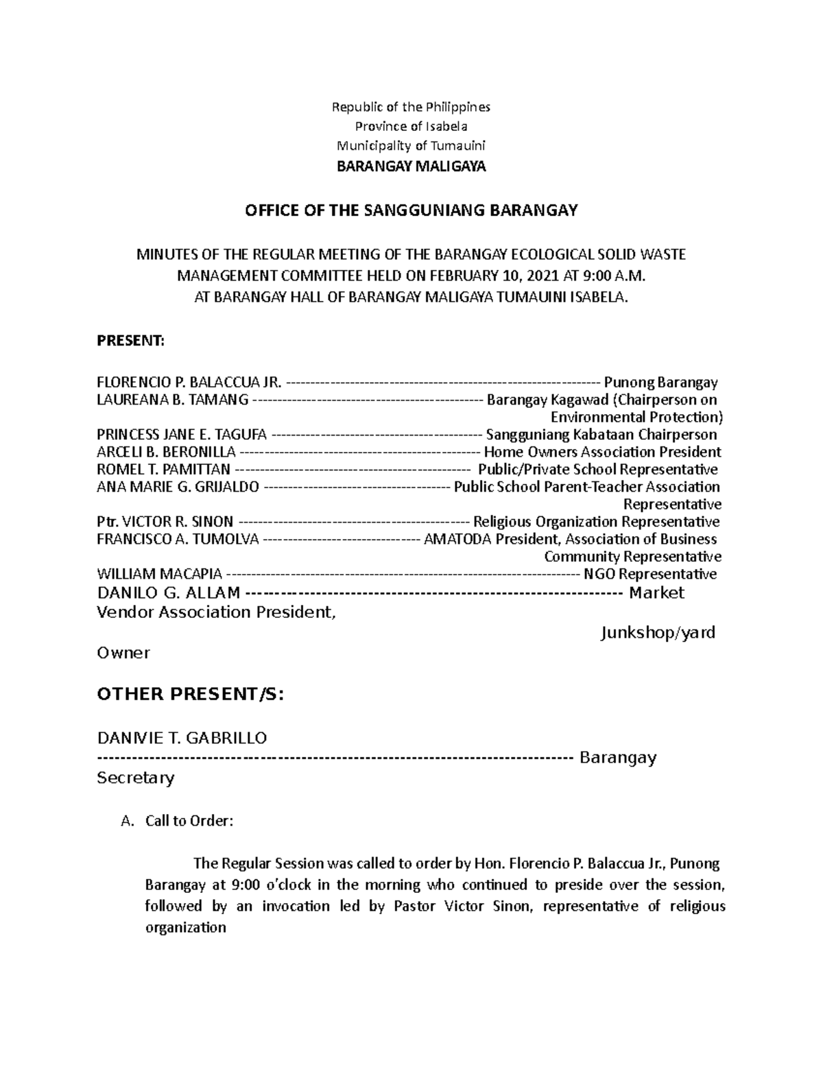 Minutes of BESWMC Meetings 2021: Tumauini Isabela Sessions - Studocu