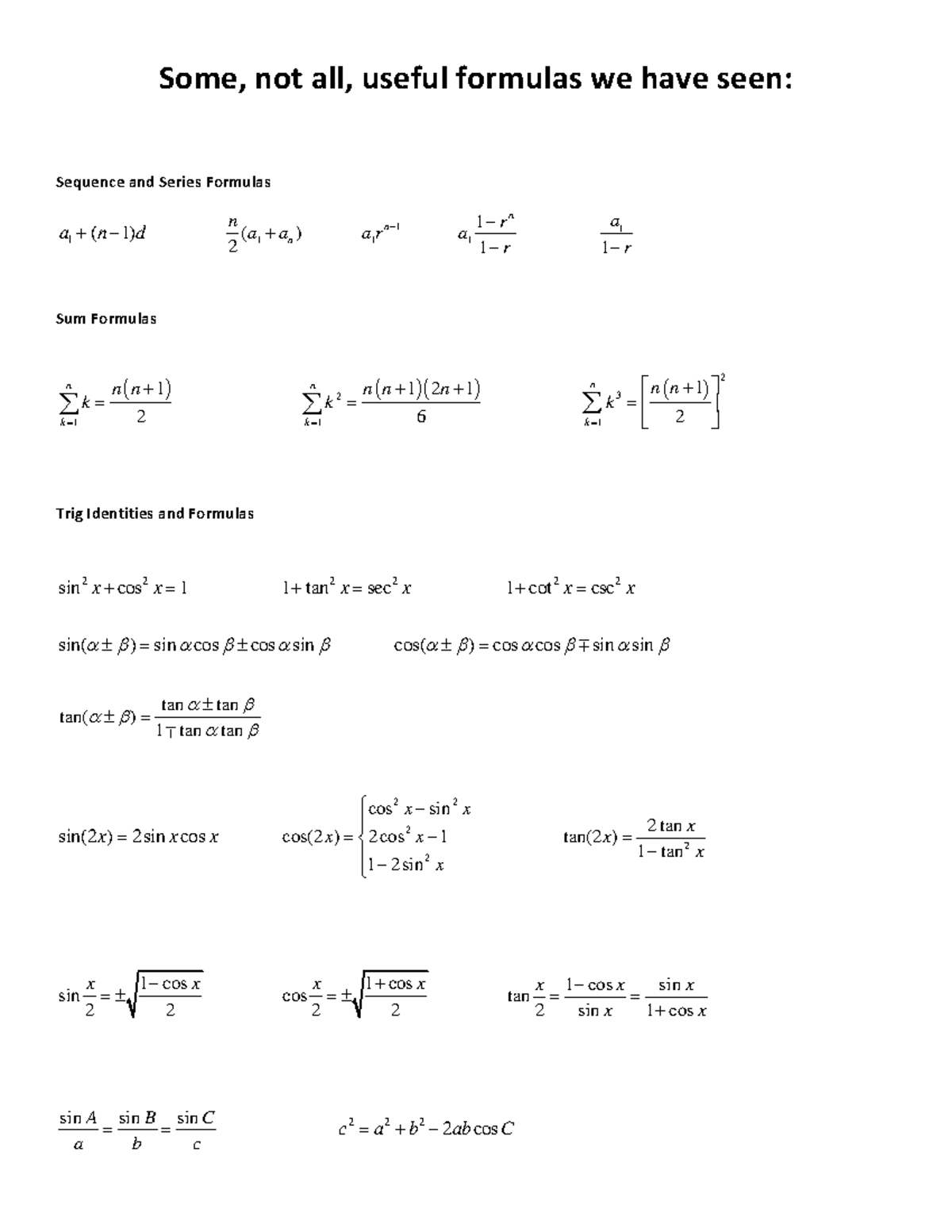 Mathematics Formulas: Sequences, Series, and Trig Identities (MATH101) - Studocu