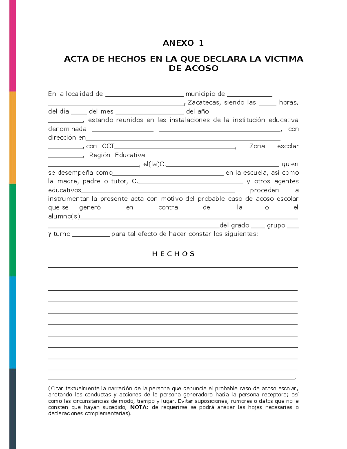 Acta de Hechos sobre Acoso Escolar - Modelo SSSSSSSSSSS - Studocu