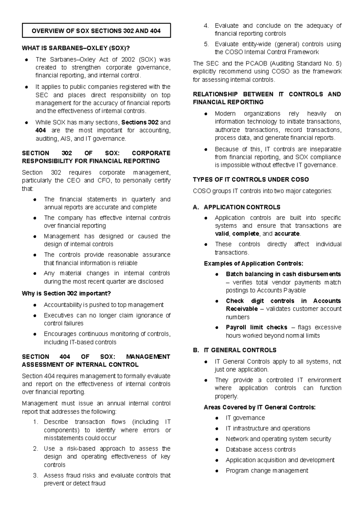 Sarbanes-Oxley Act (SOX) 2002: Key Sections 302 & 404 Overview - Studocu