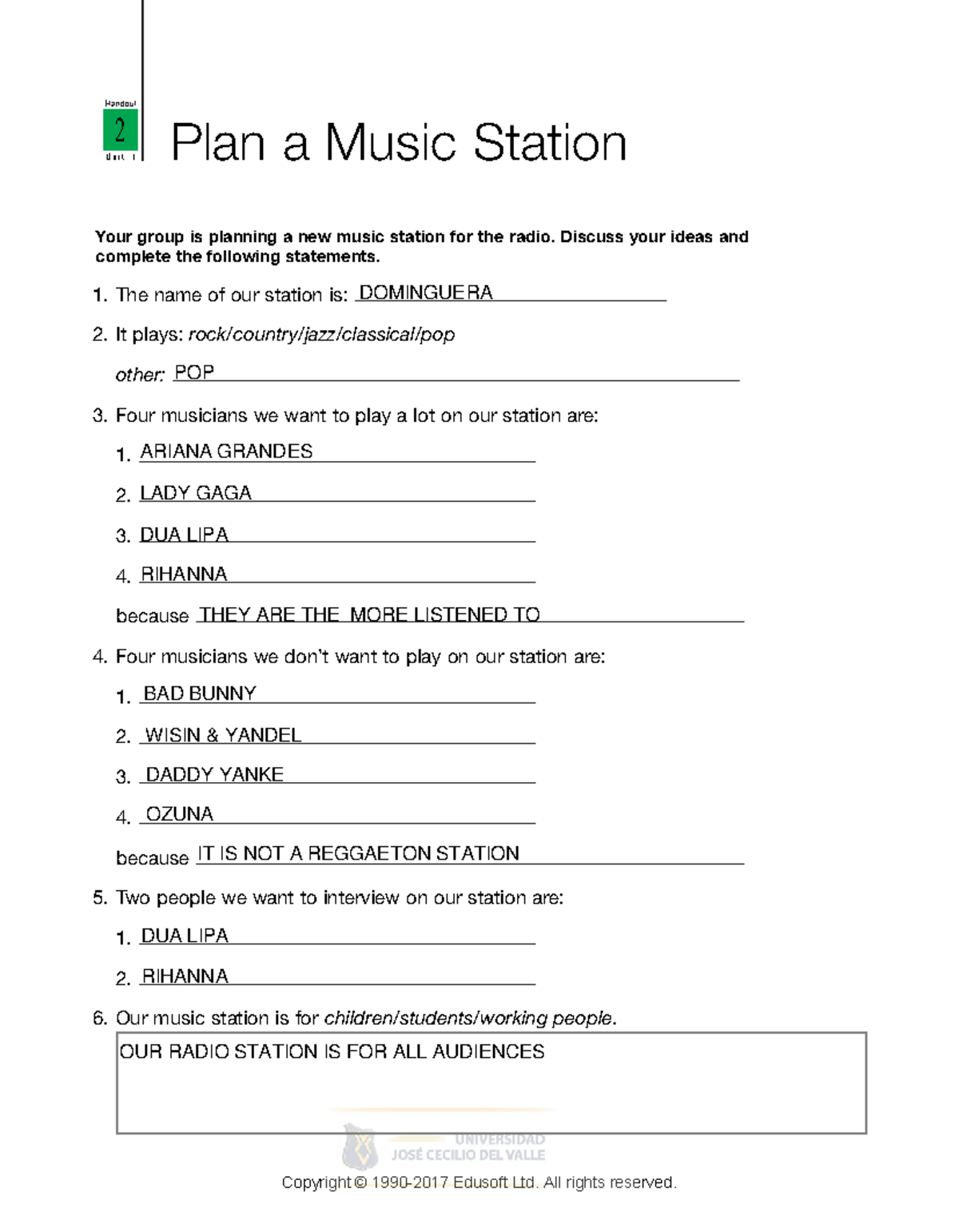 01 Basic I Handout 2 Unit 1 Plan a Music Station: Ideas & Artists - Studocu
