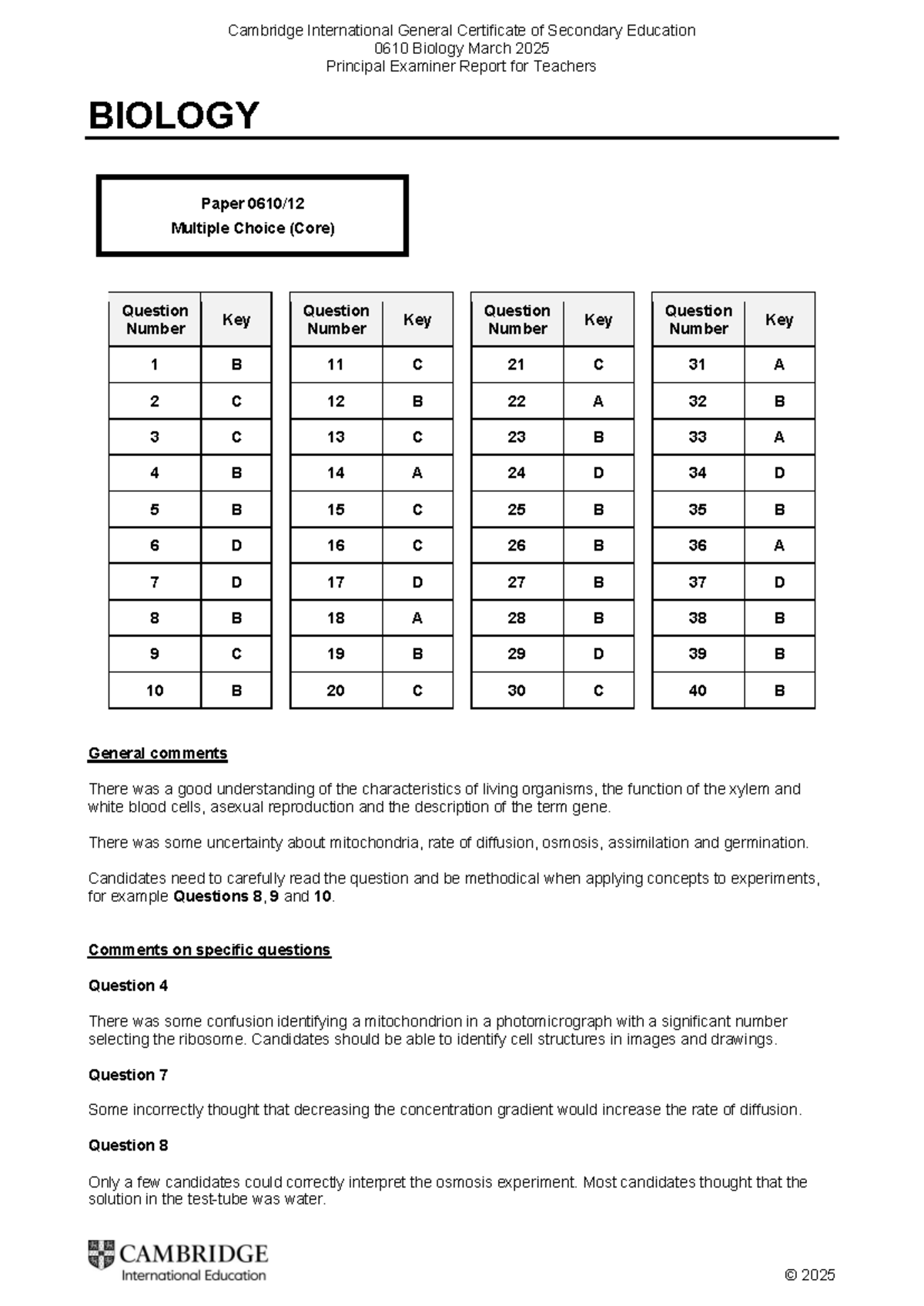Cambridge IGCSE 0610 Biology March 2025 Principal Examiner Report - Studocu