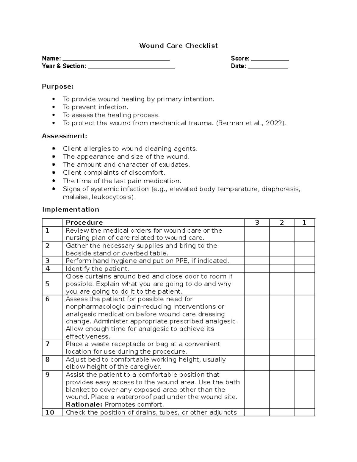 Wound Care Dressing Checklist: Procedures & Assessments - Studocu