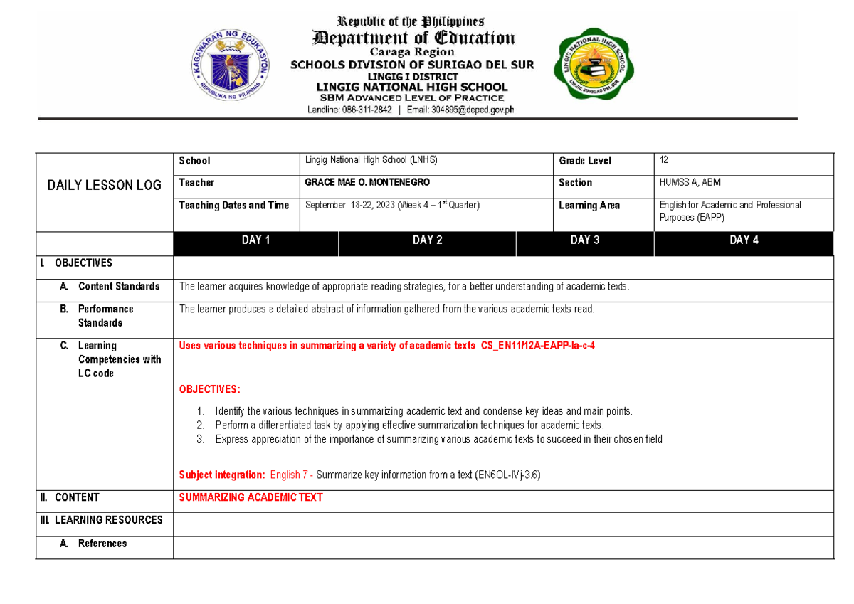 Week 4 DLL - Techniques for Summarizing Academic Texts in EAPP - Studocu