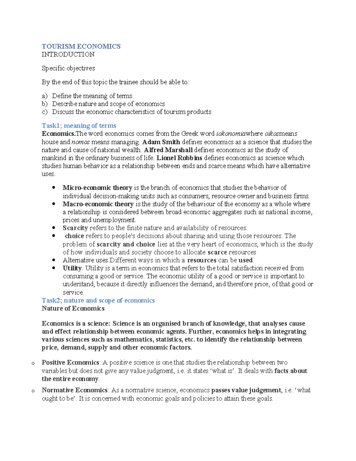 Tourism Economics M2 - Class Notes on Economic Principles and Concepts ...