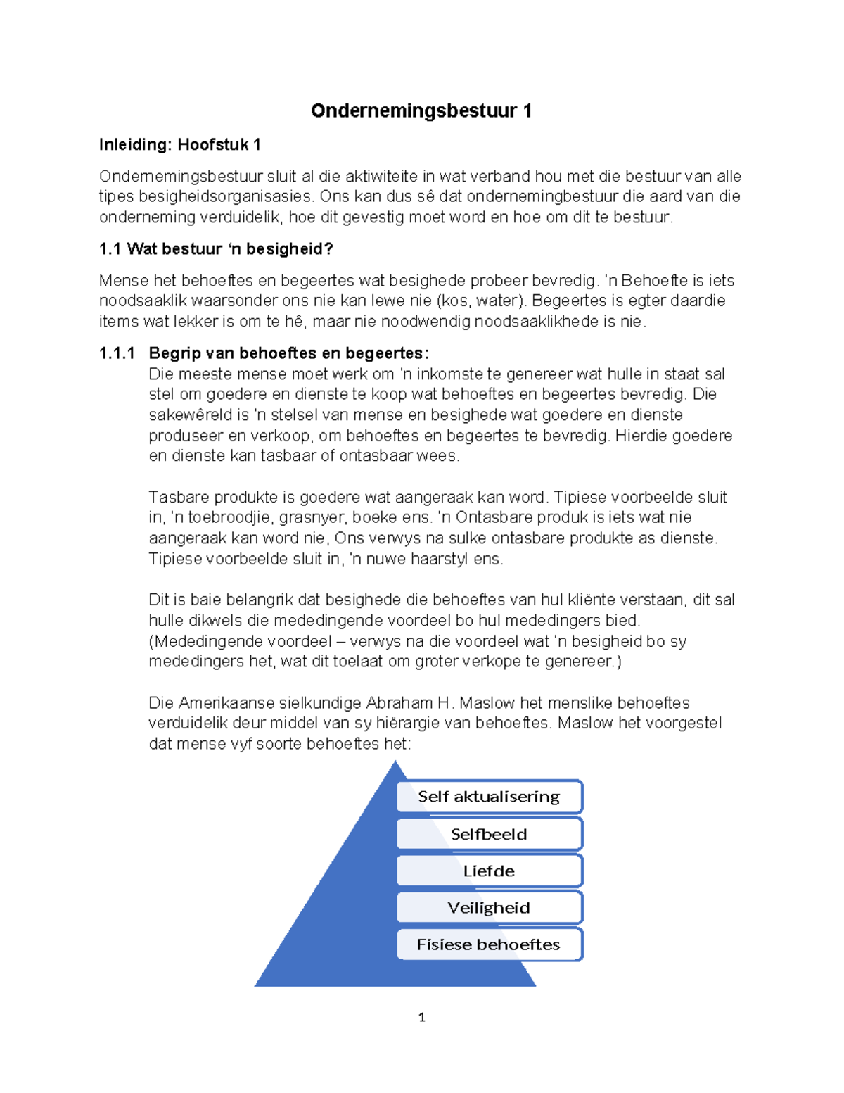 Ondernemingsbestuur Hoofstuk 1: Basiese Beginsels en Strukture - Studocu
