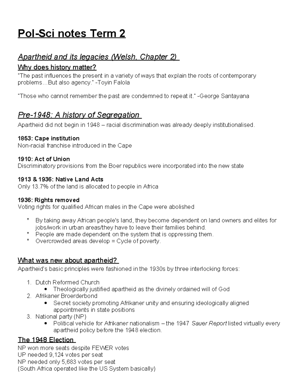 Political Science 114: Term 2 Notes on Apartheid and Its Legacies - Studocu
