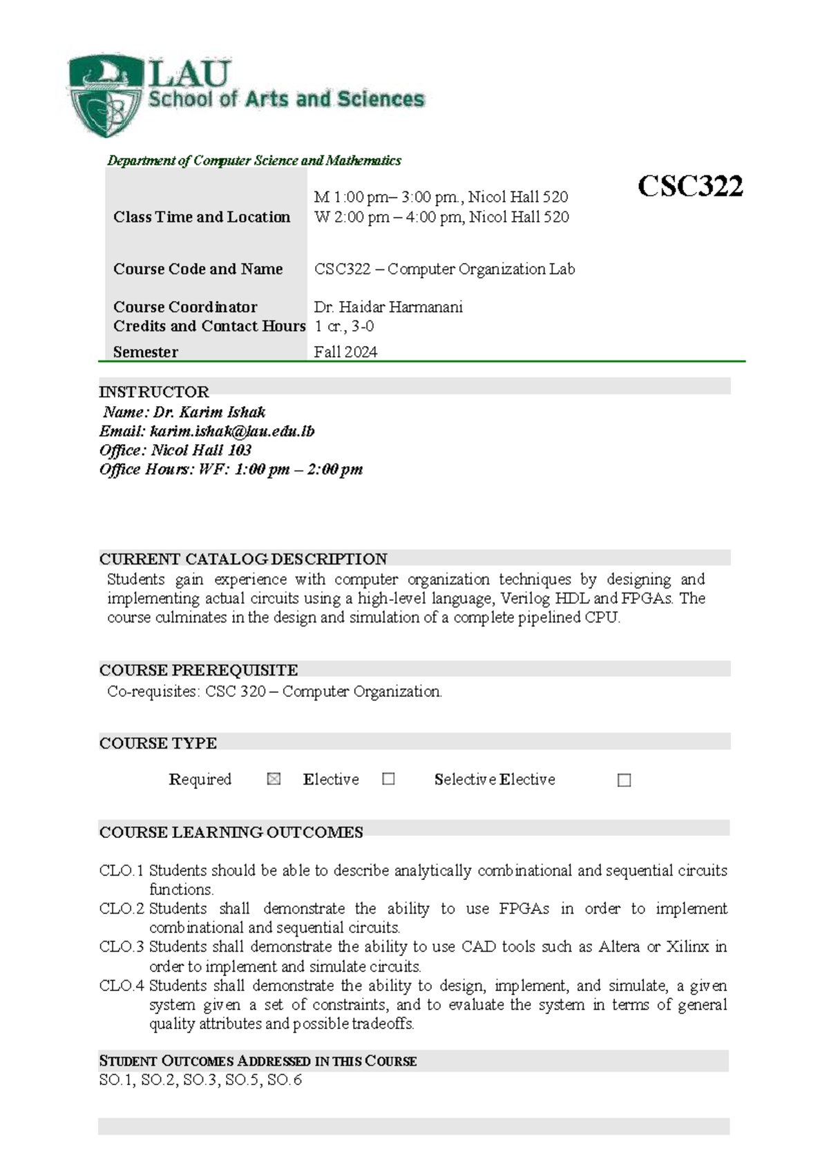 Syllabus for CSC 322: Computer Organization Lab - Fall 2024 - Studocu