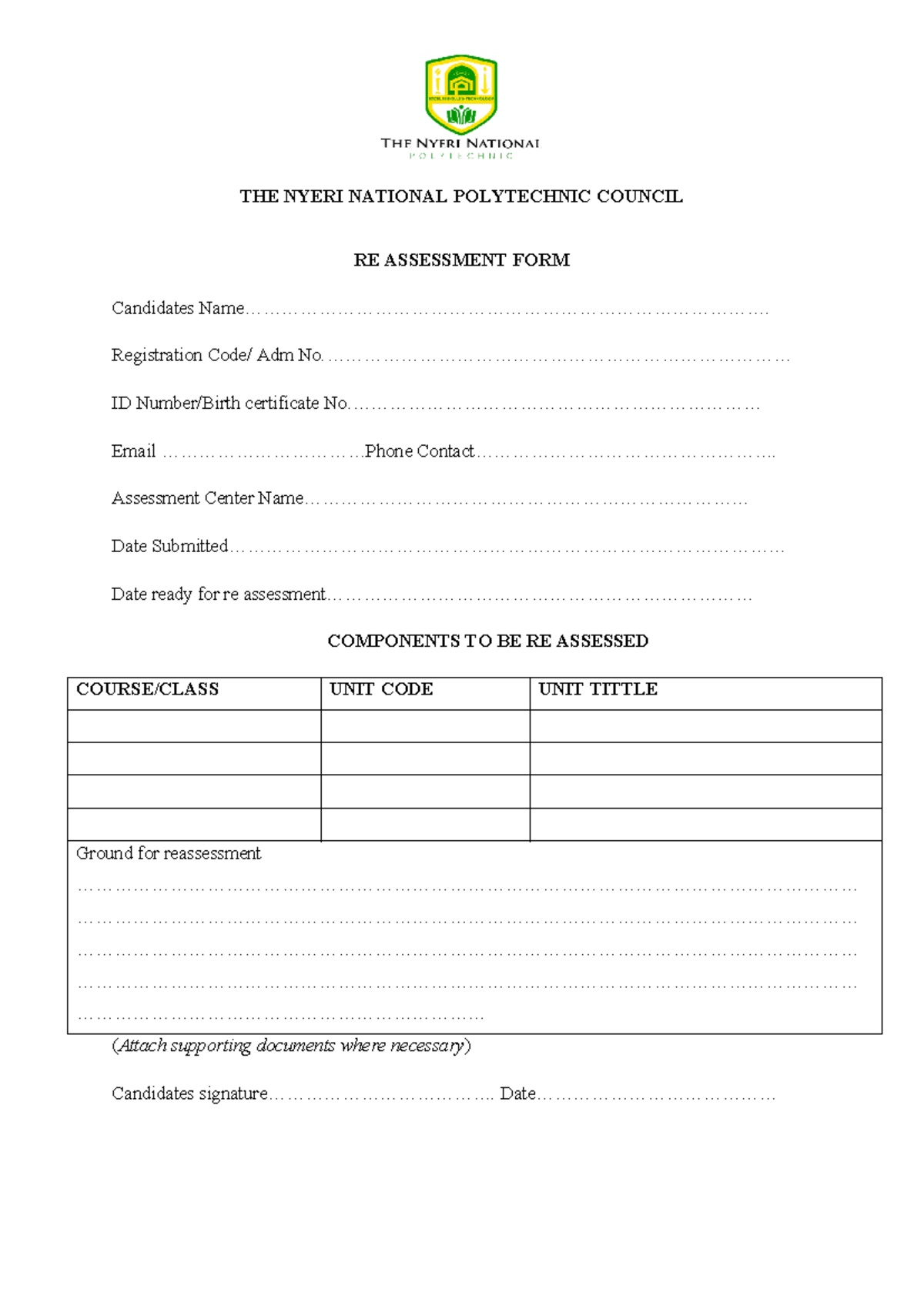 RE Assessement FORM - Reassessment materials - THE NYERI NATIONAL ...