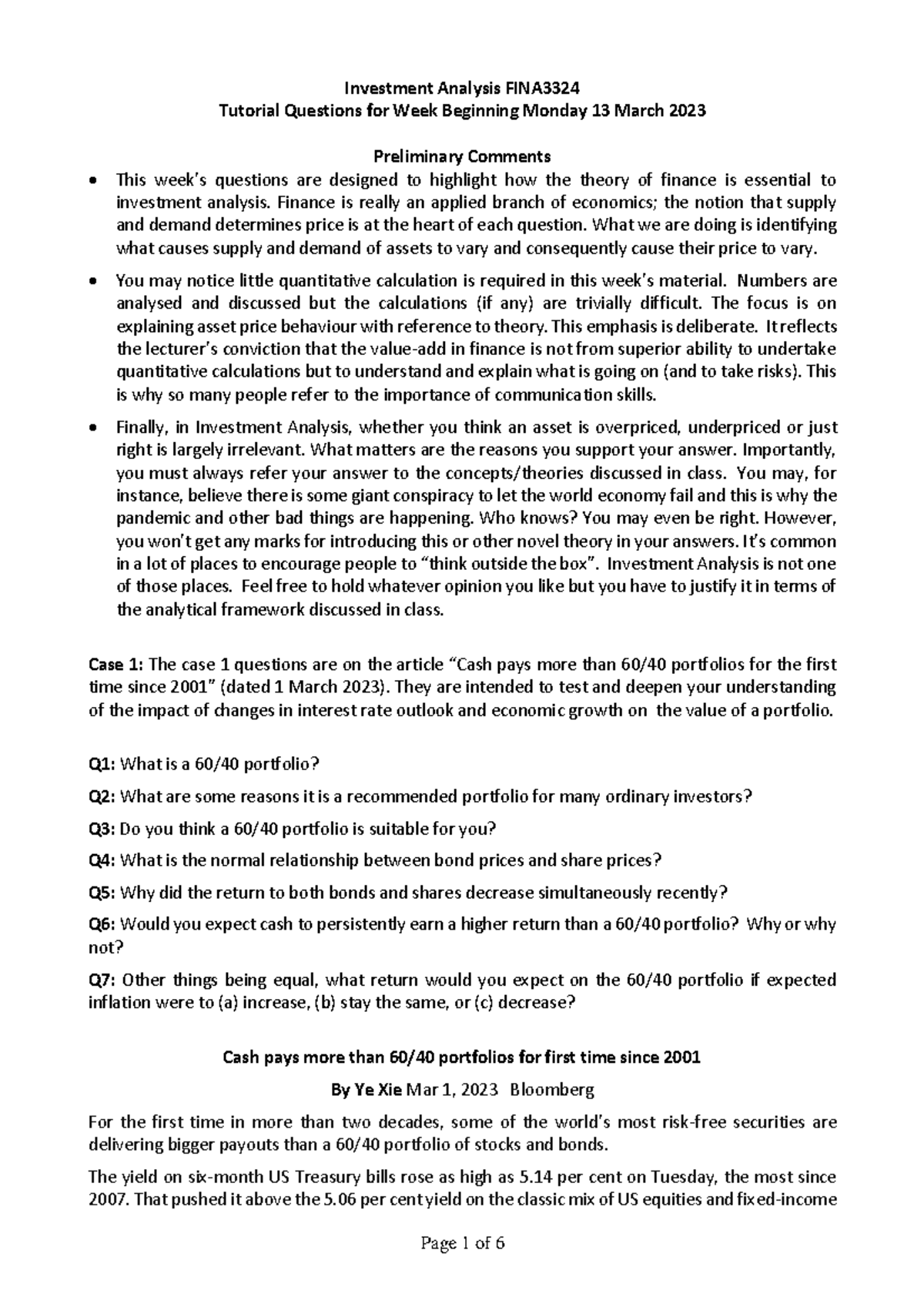 Wk2 Tutorial Questions FINA3324 2023(1)-2 - Investment Analysis FINA ...