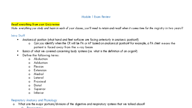 Anatomy 101: Module 1 Exam Review Study Guide - Studocu