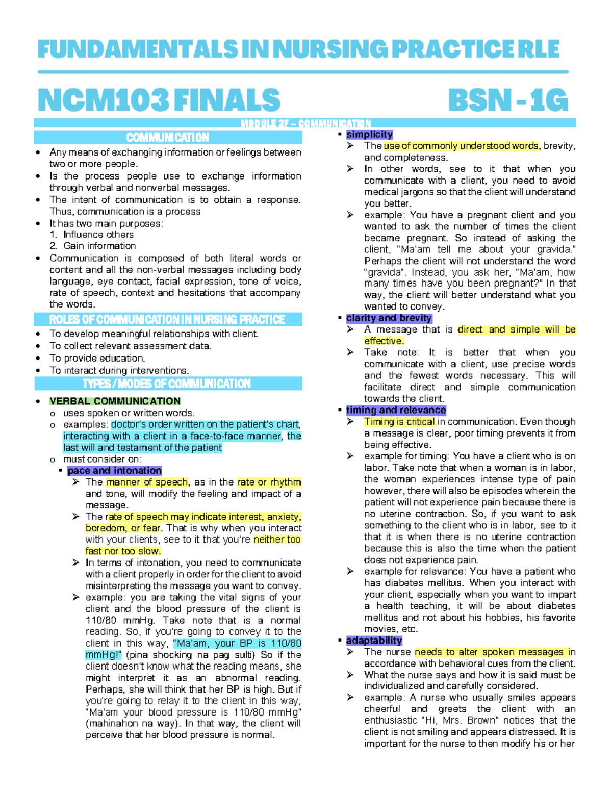 NCM 103 Transes Module 2F: Effective Communication in Nursing Practice ...