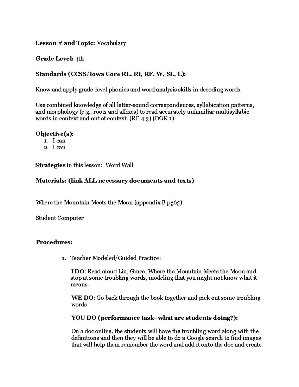 RF.4.3 Vocabulary Lesson Plan for 4th Grade Students - Studocu