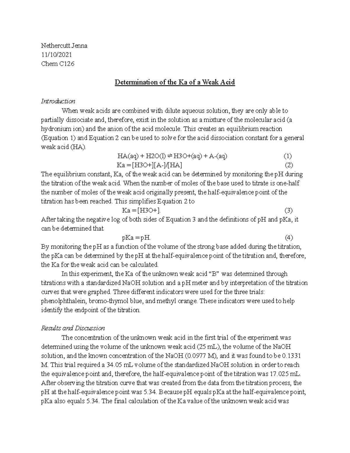 Chem C: Determination of the Ka of a Weak Acid Experiment - Studocu