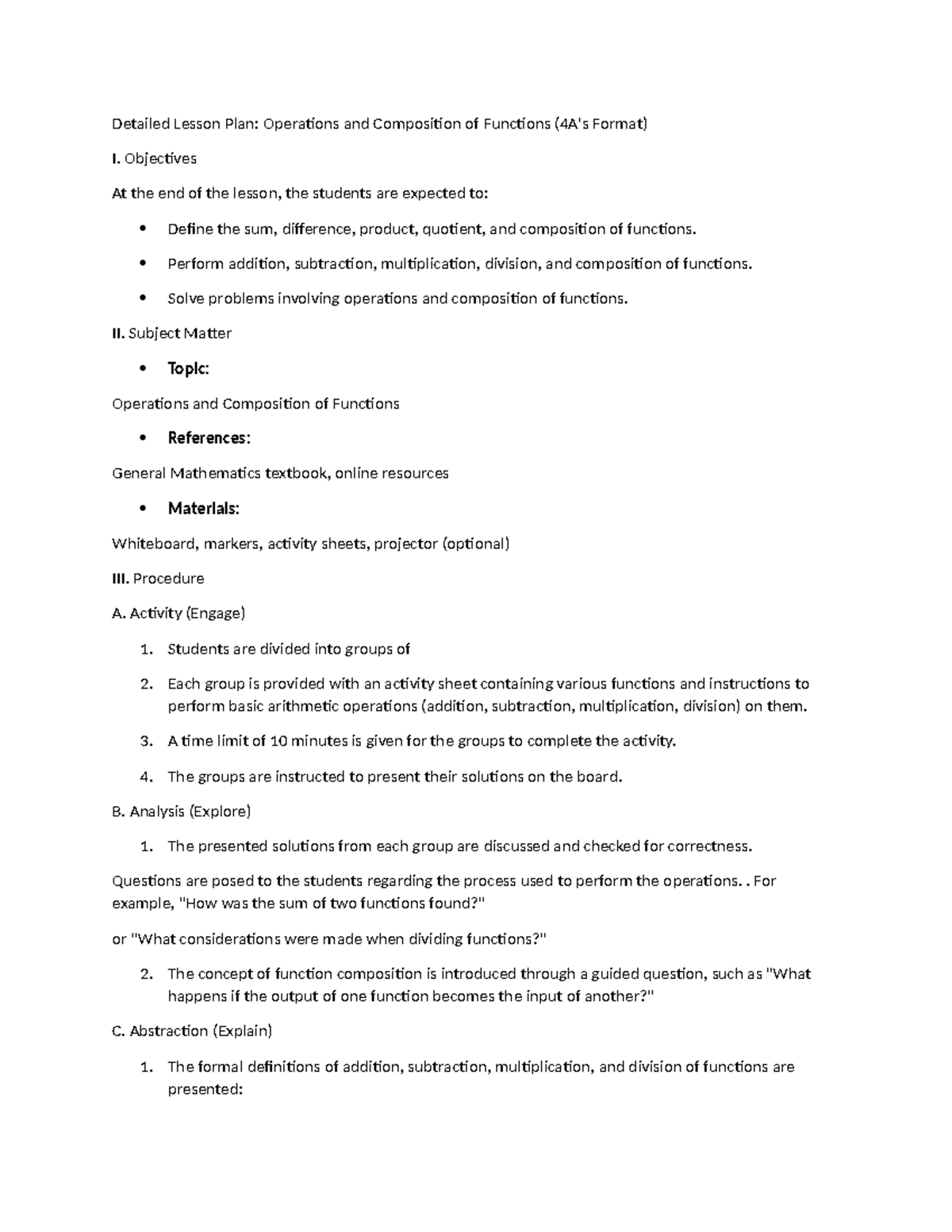 Detailed Lesson Plan: Operations & Composition of Functions (Gen Math ...