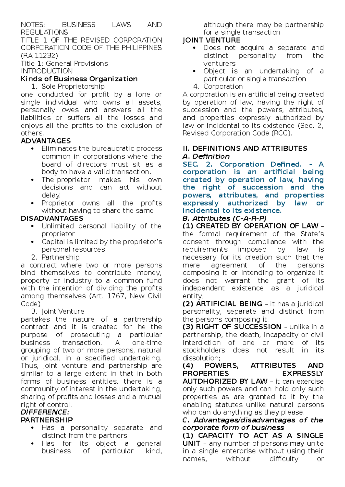 BUS 101: Notes on Business Laws & Regulations - Corp Code RA 11232 ...