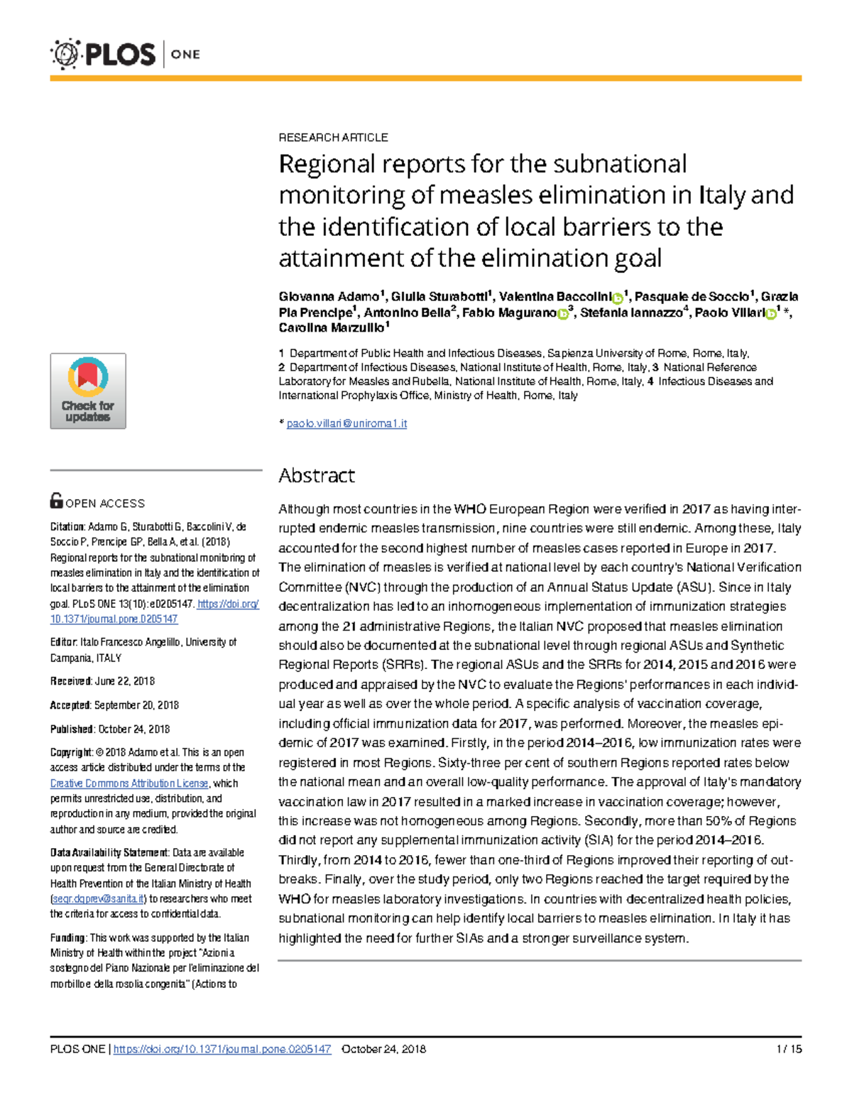 Regional Monitoring for Measles Elimination in Italy: Barriers ...
