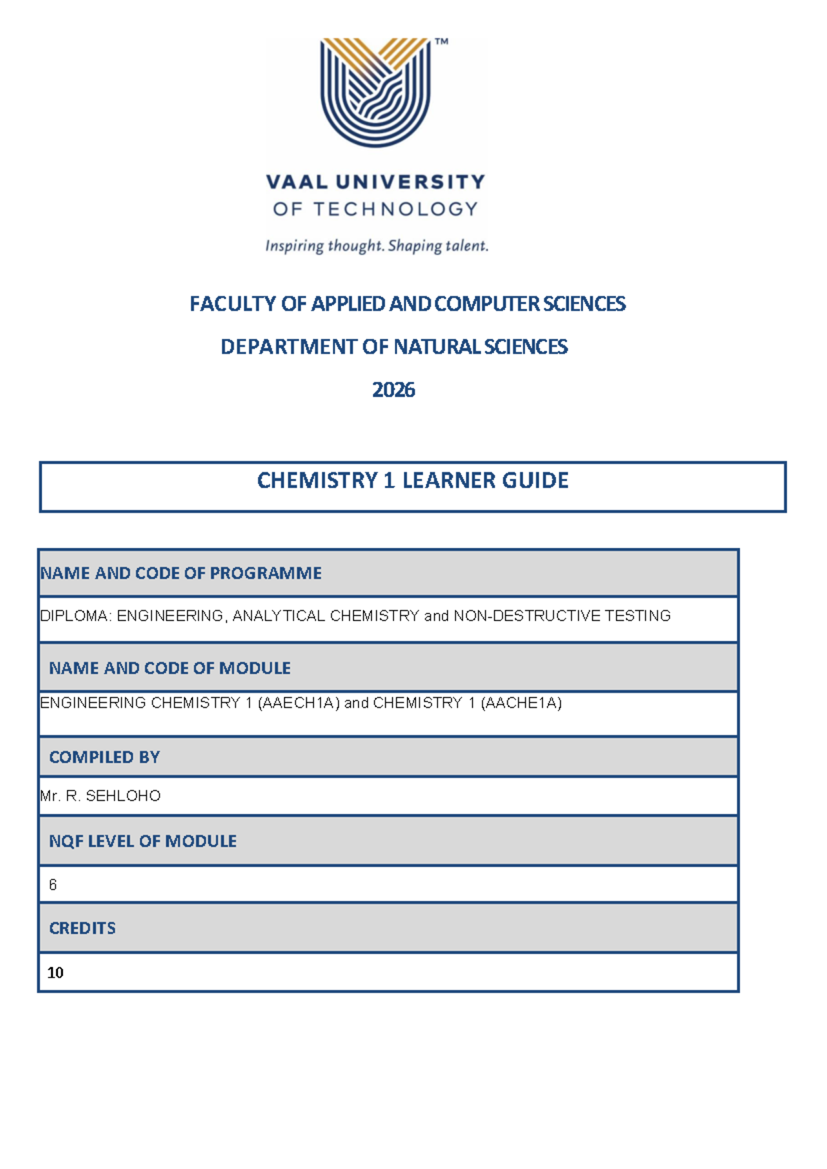 Learner Guide 2026: Engineering Chemistry 1 (AAECH1A & AACHE1A) - Studocu