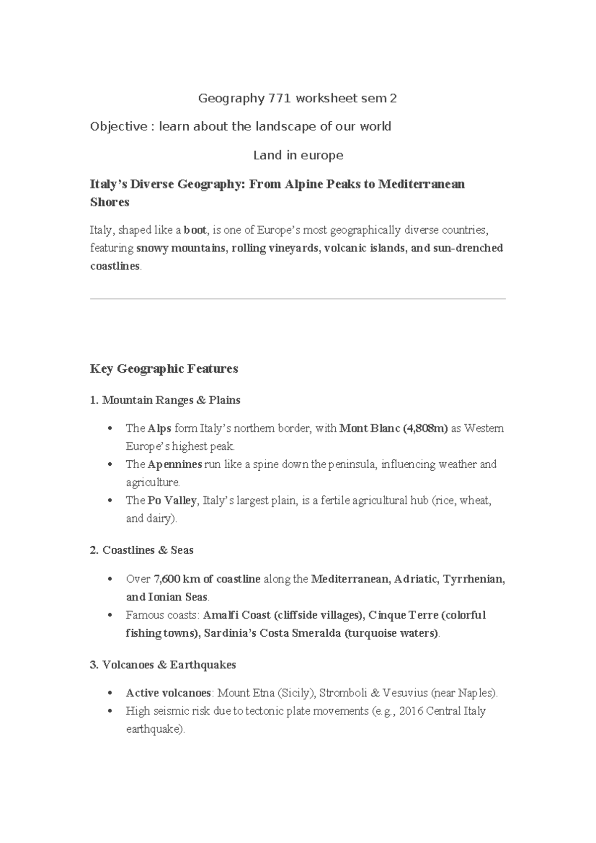 Geography 771 Worksheet Sem 2: Italy's Diverse Landscapes and ...