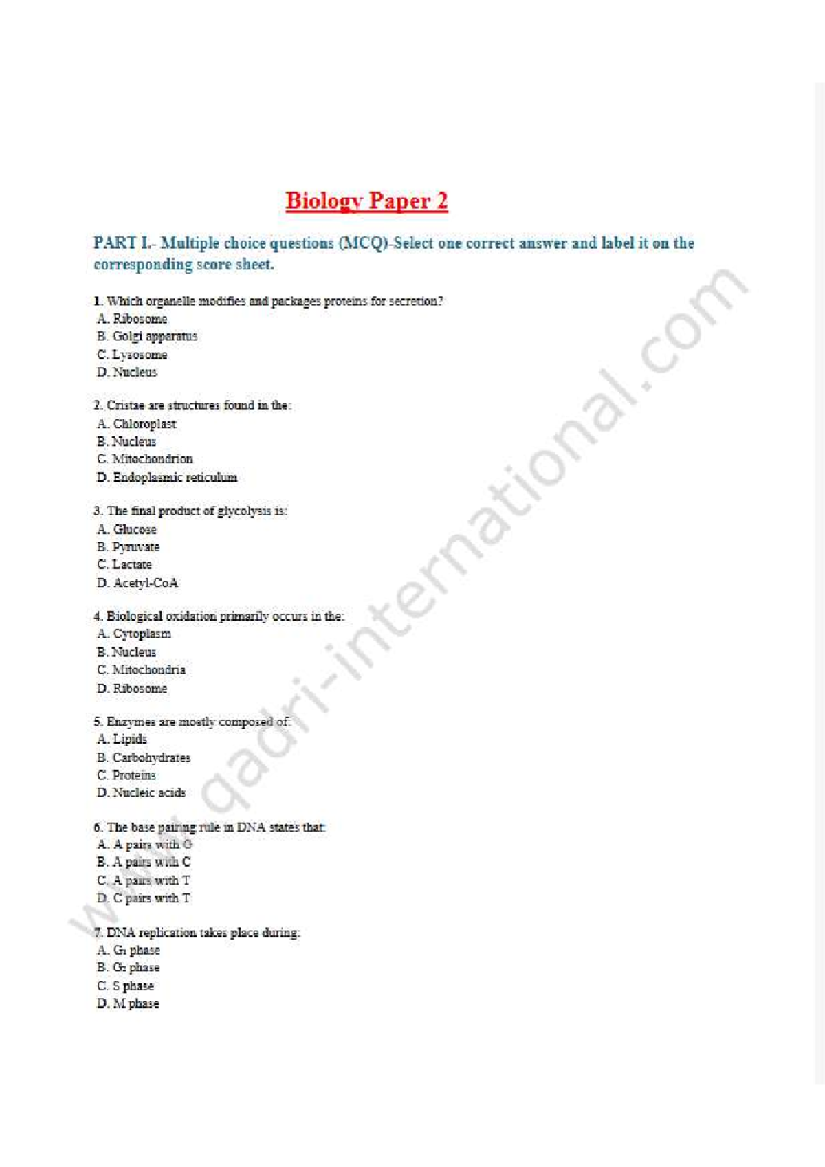 Biology Paper 2 Sample Test: Multiple Choice Questions & Answers - Studocu