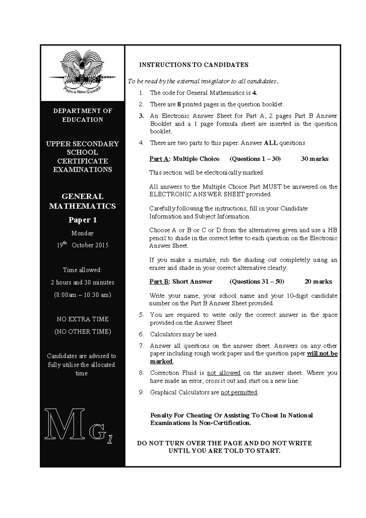 2015 USSCE MG1 General Mathematics Paper 1 Instructions and Questions ...