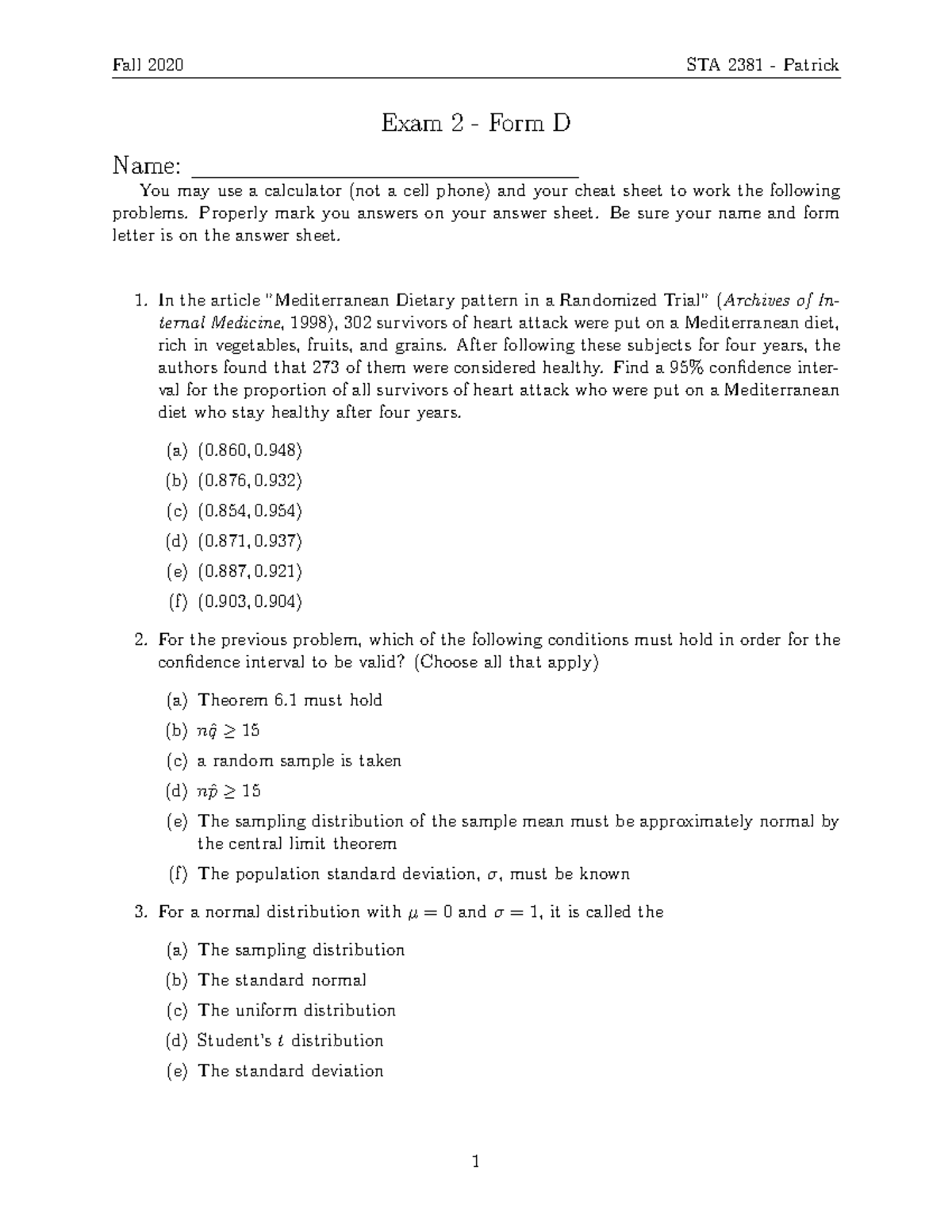 Exam 2 - Form D Sample Questions and Solutions - Studocu