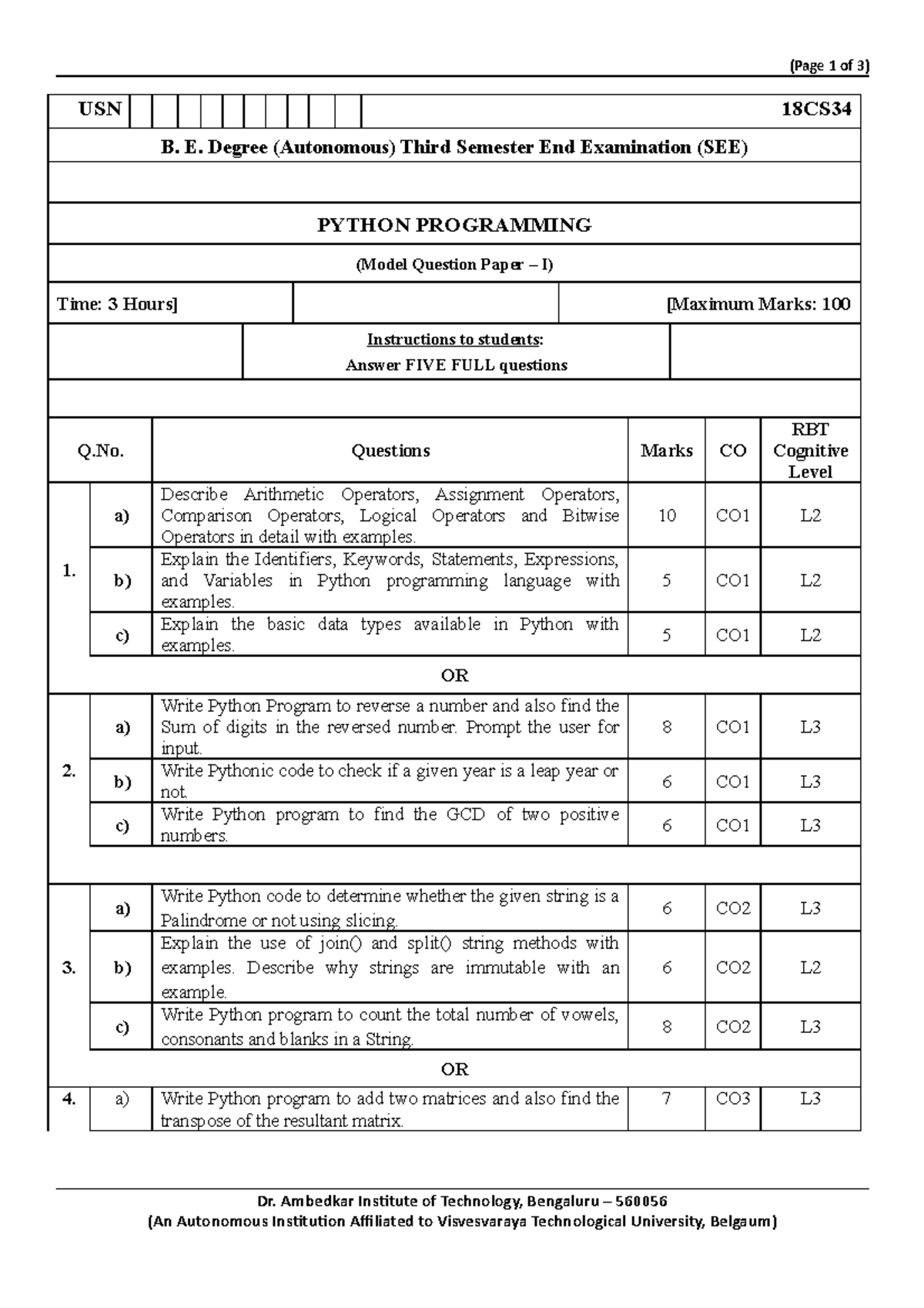 Python Programming Model Question Paper - SEE 18CS - Studocu