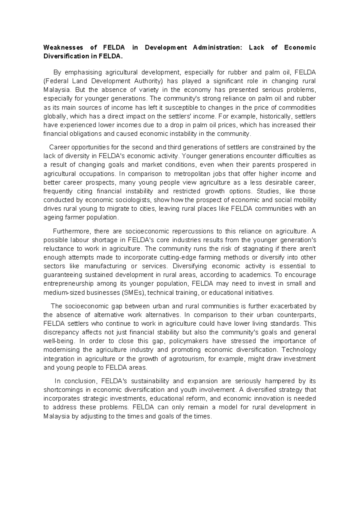 FELDA Development Administration: Analyzing Economic Weaknesses and ...