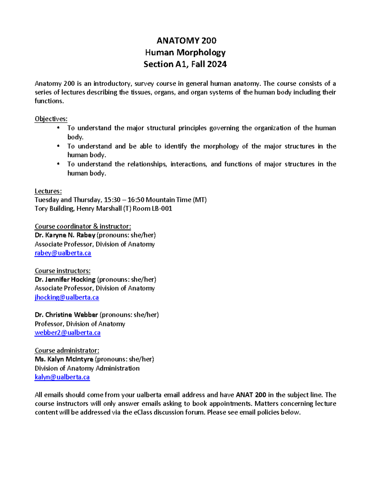 ANAT 200 Fall 2024 Syllabus - Human Morphology Section A1 Overview ...