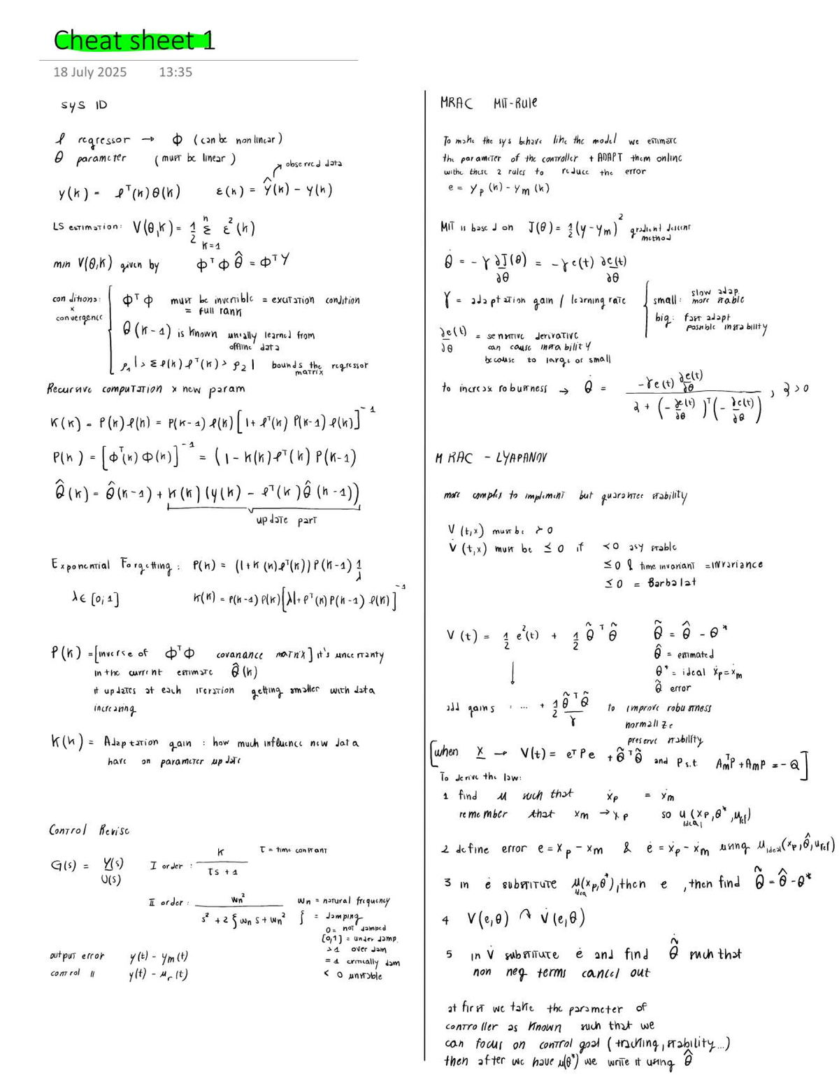 Cheat Sheet for Exam: MRAC Control Systems Overview - Studocu