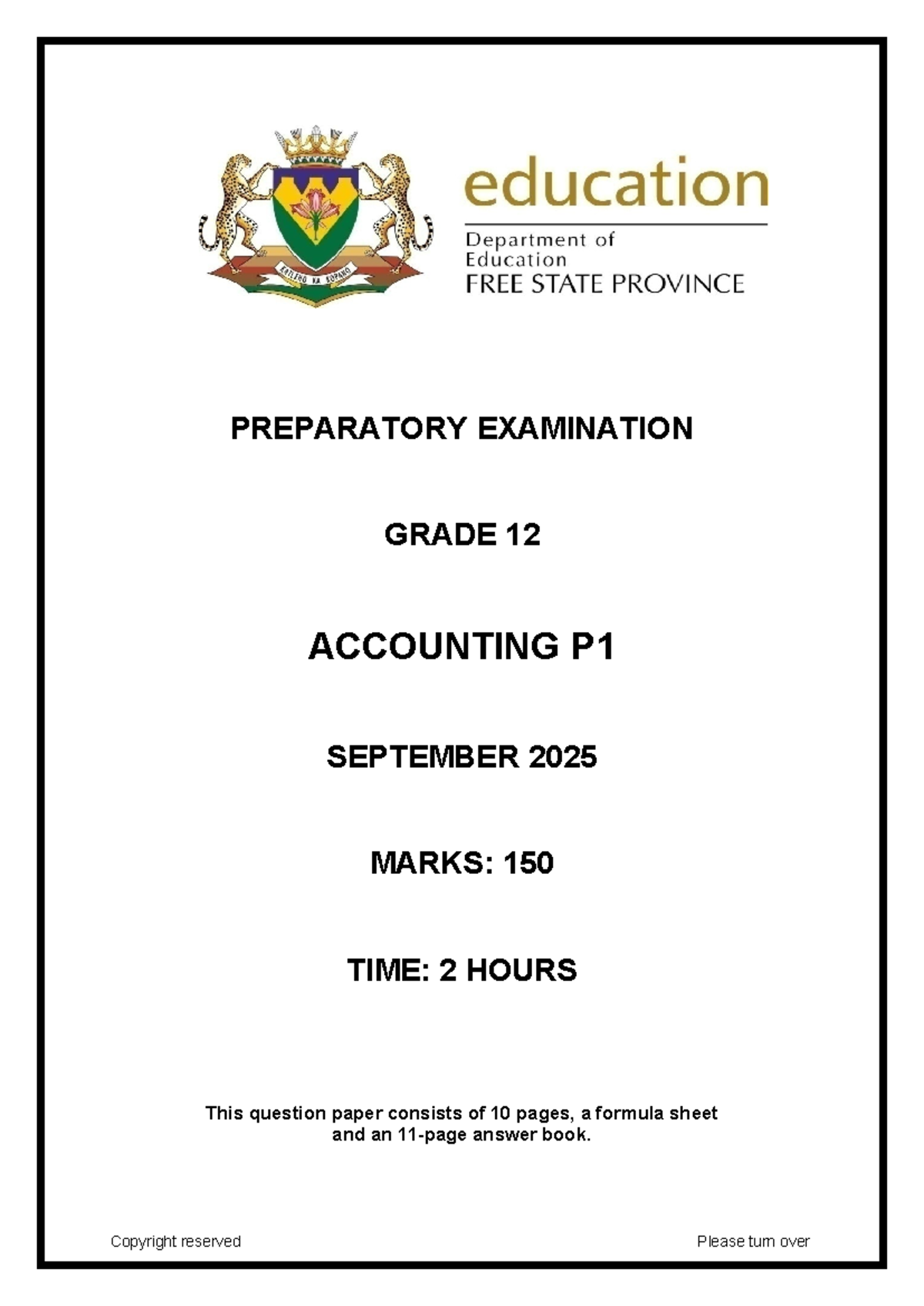 Accounting P1 Grade 12 Prep Exam September 2025 Question Paper - Studocu