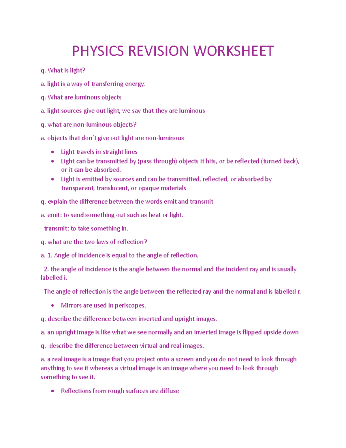 PHYS101 Final Exam Revision Worksheet: Light, Sound, and Magnetism ...