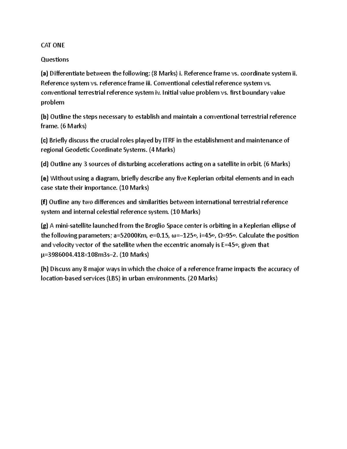 EGE 2528: Satellite Geodesy CAT 1, 2 & 3 Answer Sheets and Questions ...