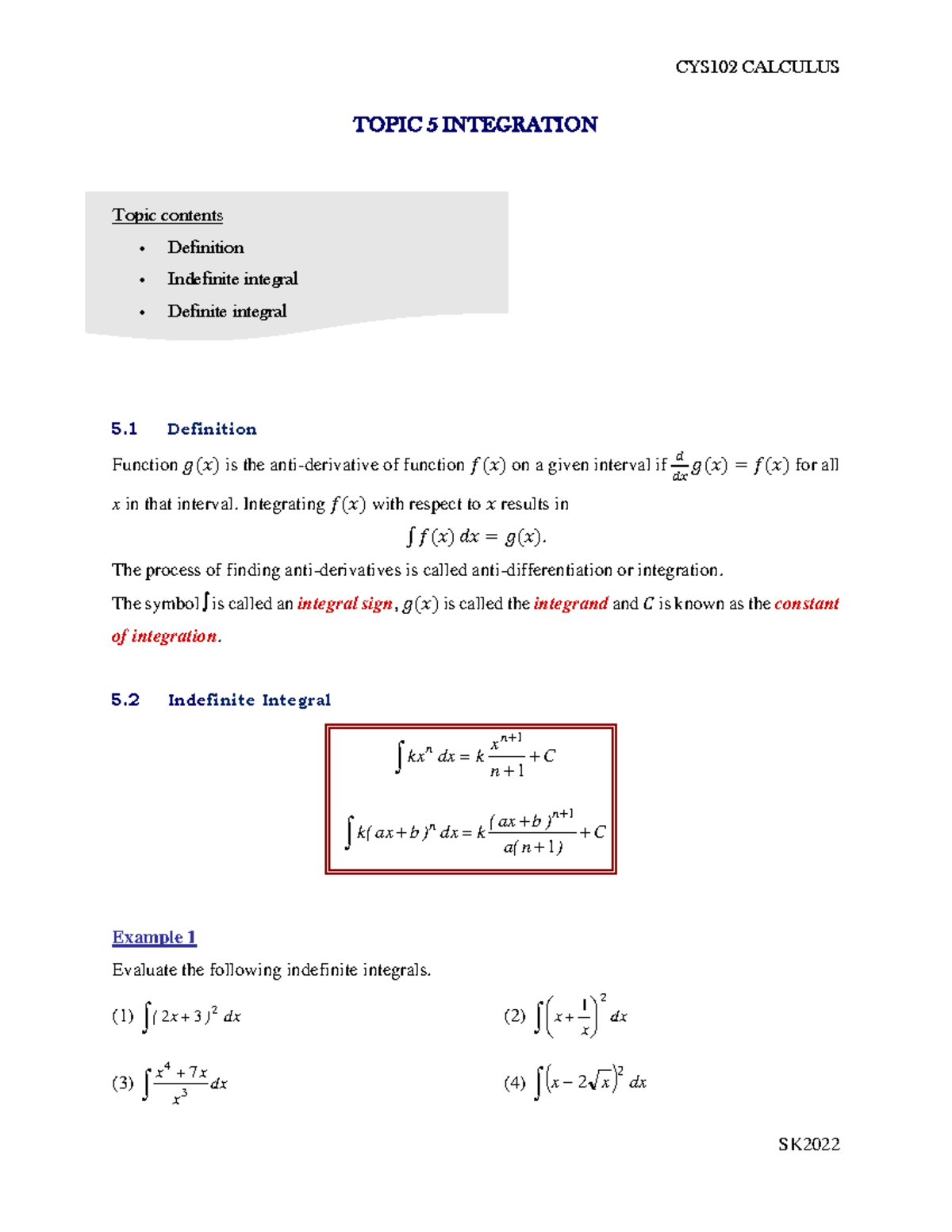 CYS102 Calculus Topic 5: Integration - Definite & Indefinite Integrals ...