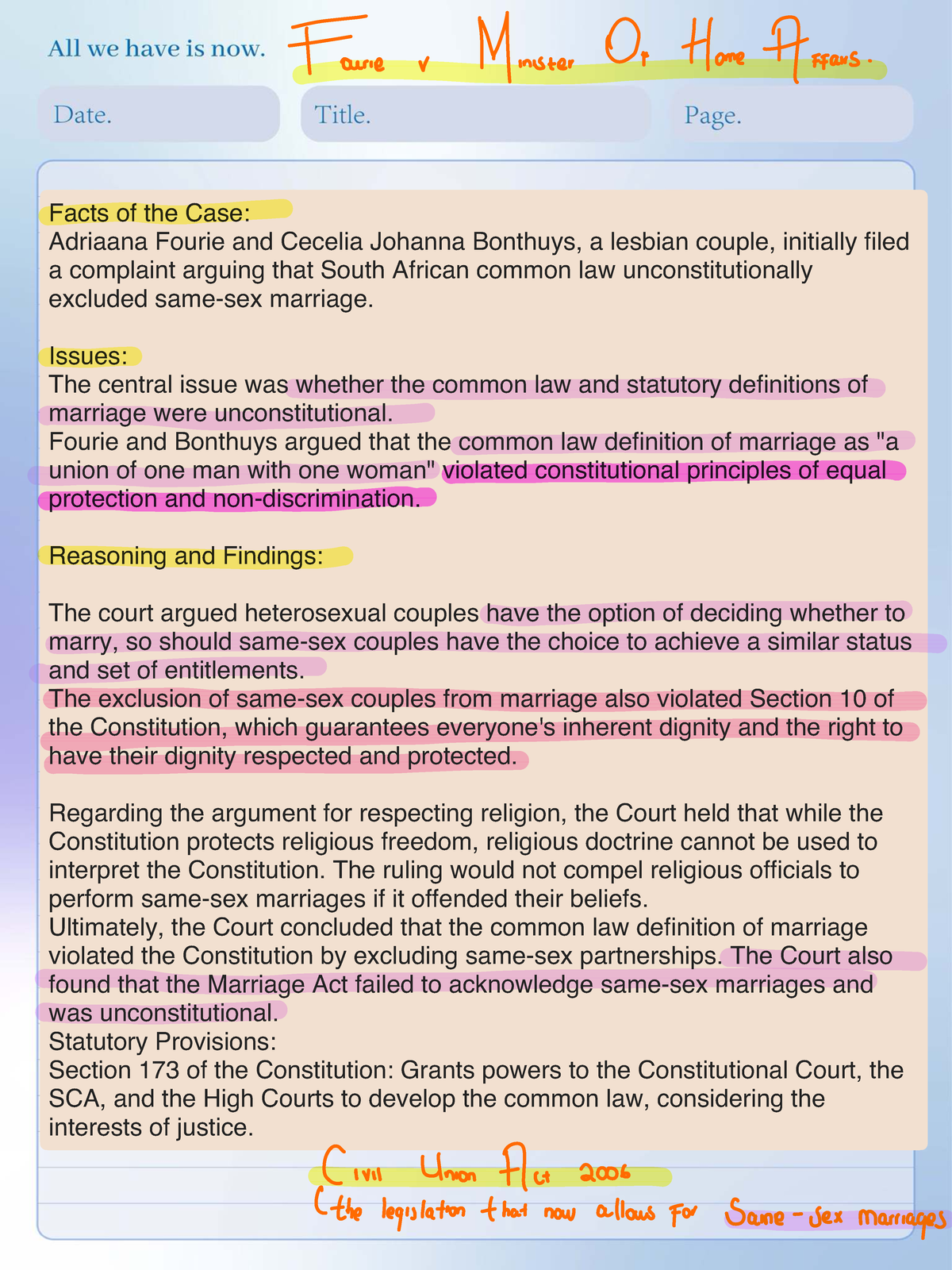 Case Study: Fourie & Bonthuys v. Minister of Home Affairs - Studocu